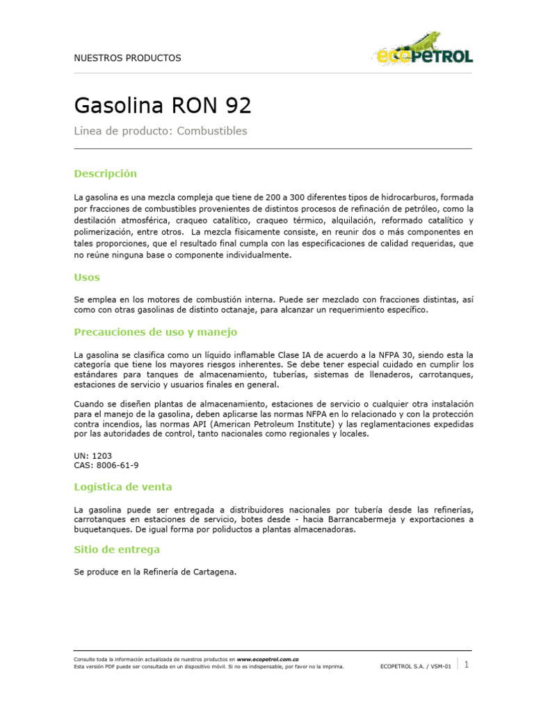 Gasolina RON 92 | PDF | Gasolina | Refinería de petróleo