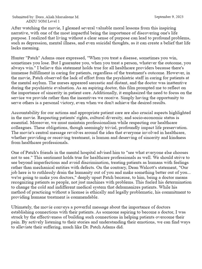 1 Patch Adams Reflection Paper | Download Free PDF | Health Care | Patient