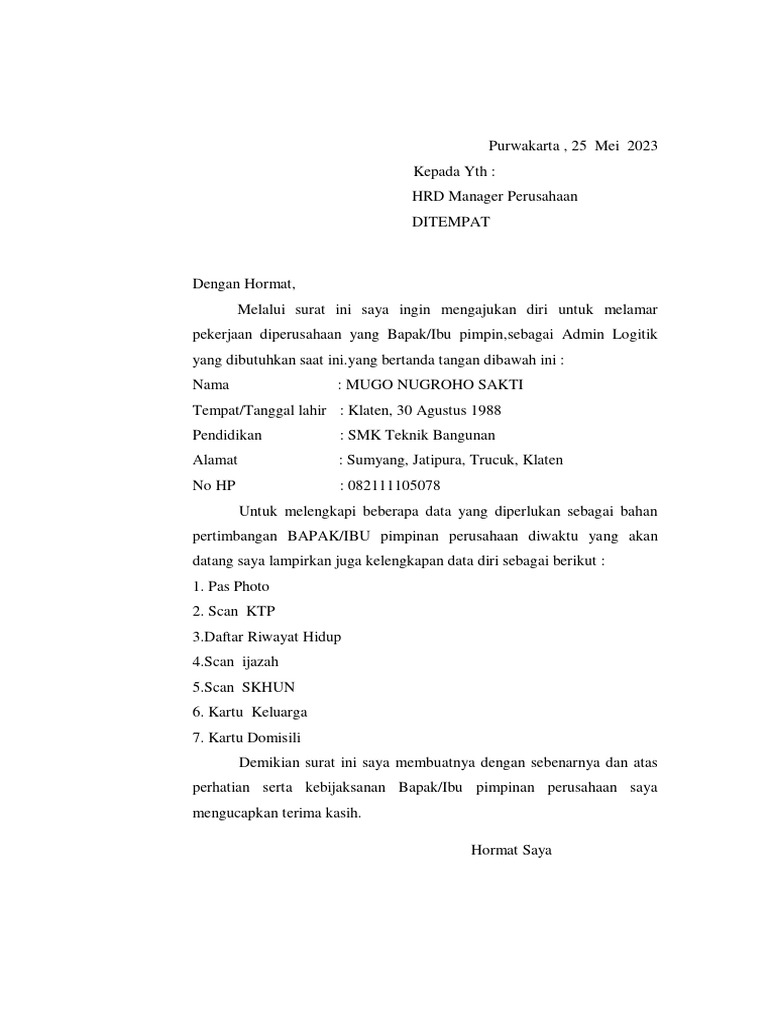 Lamaran Admin Logistik Mugo Nugroho | PDF | Karier & Perkembangan