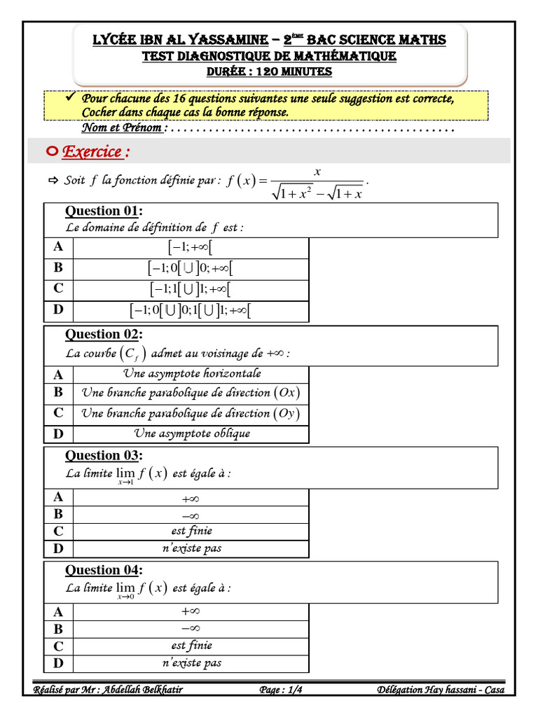 Test Diagnostique 2ème Bac SC Maths | PDF | Asymptote | Géométrie ...