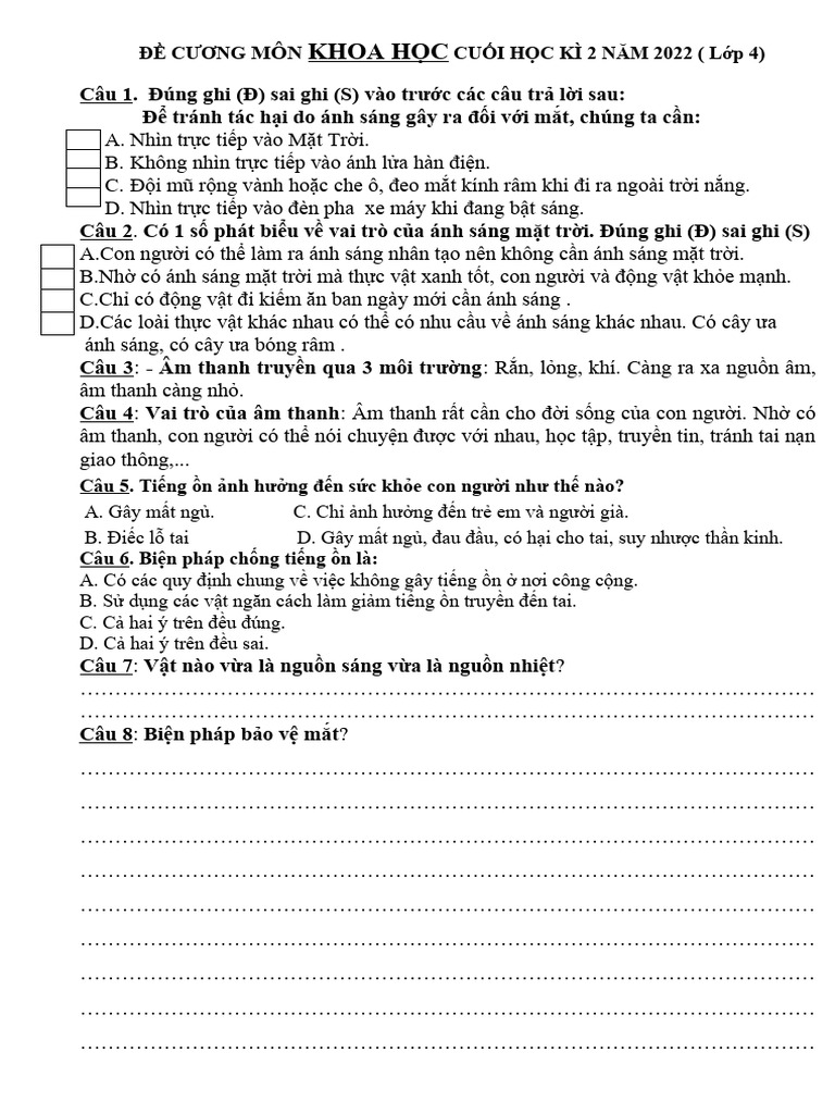 De Cuong Khoa Hoc Lop 4 NH - 2022 | PDF