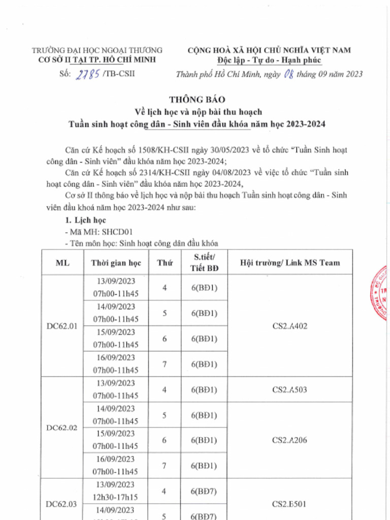 CSII.2785.08.9.2023 - Thông báo lịch học, nộp bài thu hoạch Tuần SHCD-SV đầu khóa năm học 2023 ...