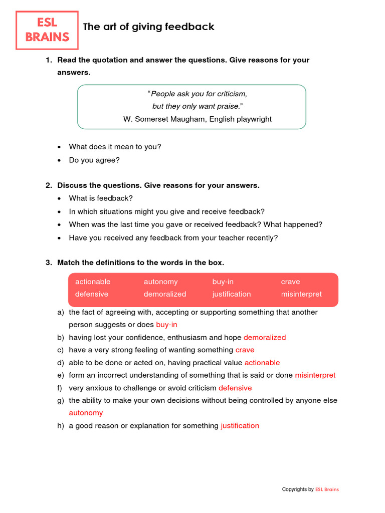 ESL Brains The Art of Giving Feedback TV 3384 | PDF | Reason | Autonomy