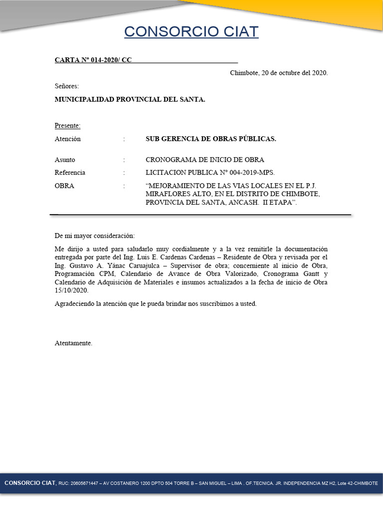 Carta #014-2020 CC - Cronogramas de Inicio de Obra | PDF | Finanzas y ...