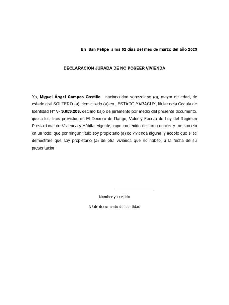 Modelo de Carta de Declaración Jurada de No Poseer Vivienda | PDF