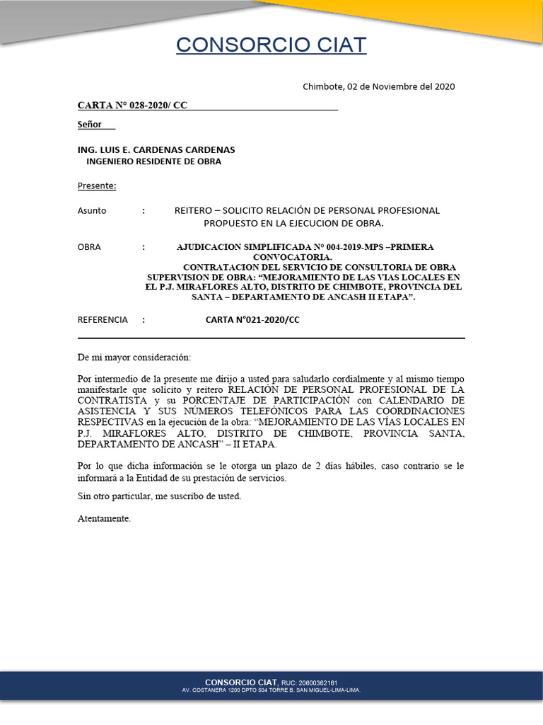 Carta #028-2020-CC Relacion de Personal Profesional | PDF