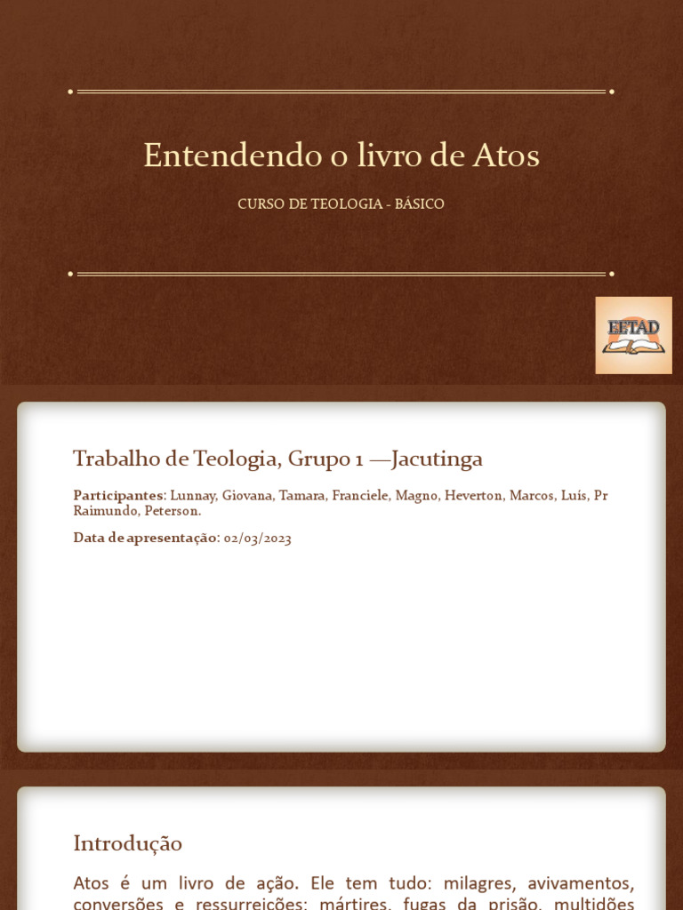 Entendendo o Livro de Atos | PDF | Batismo com o Espírito Santo | Atos dos apóstolos