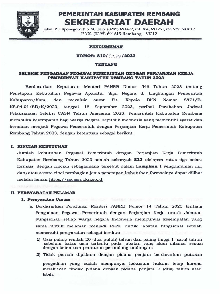 Pengumuman Seleksi Pengadaan PPPK Rembang 2023. | PDF