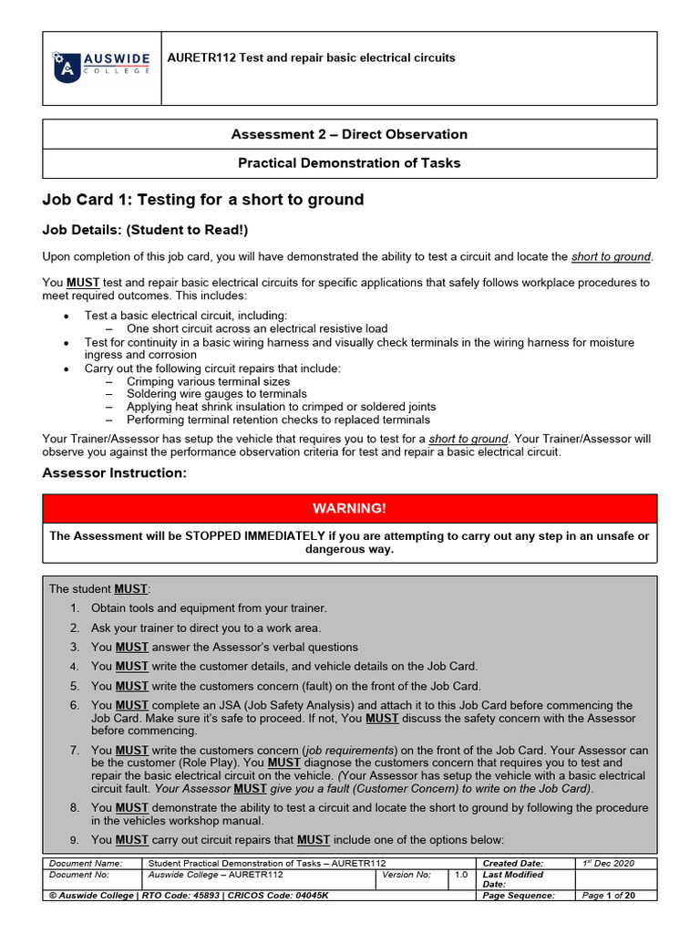 AURETR112 Assessment 2 Direct Observation - Job Card 1 To 4.v1.0 | PDF ...