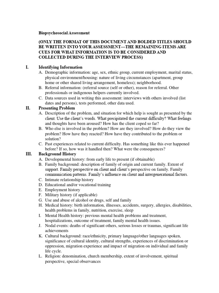 Biopsychosocial Assessment Format2 | PDF | Mental Disorder | Medical ...