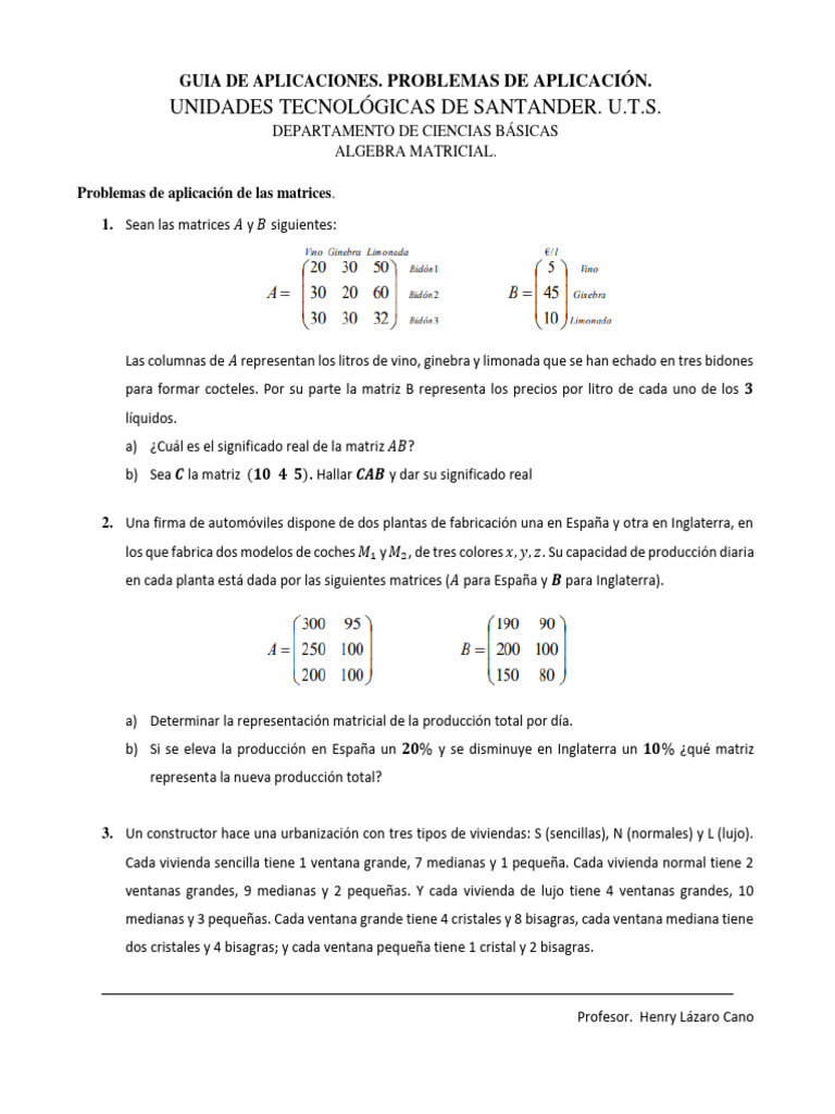 Guia - 4 Problemas - Aplicacion - Matrices | PDF | Matriz (Matemáticas) | Petróleo