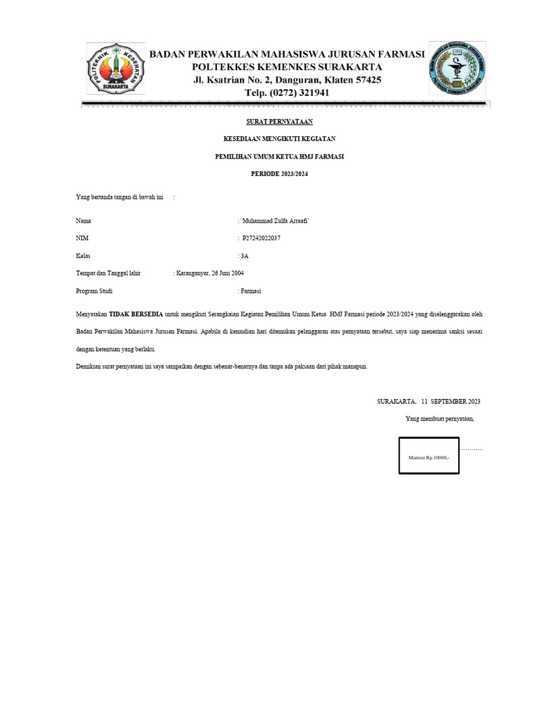 Surat Pernyataan Calon Ketua HMJ | PDF