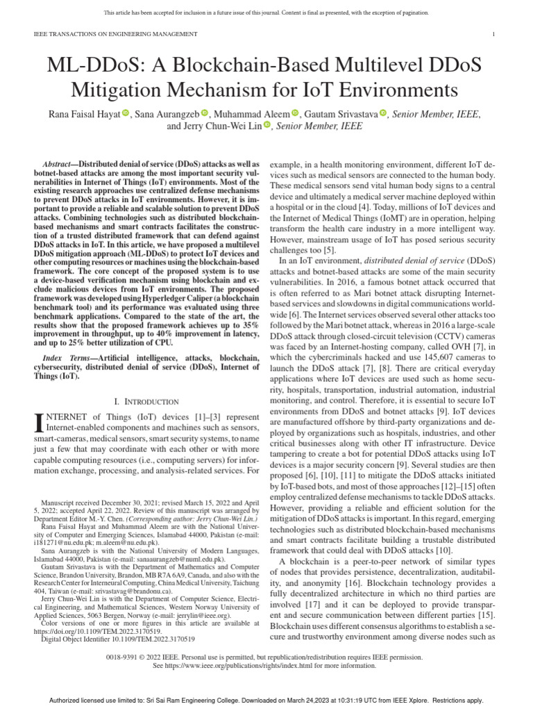 ML-DDoS A Blockchain-Based Multilevel DDoS Mitigation Mechanism For IoT Environments | PDF ...