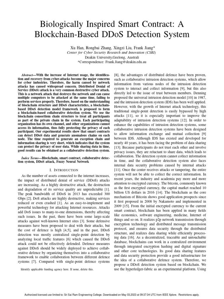 Biologically Inspired Smart Contract A Blockchain-Based DDoS Detection System | PDF | Denial Of ...