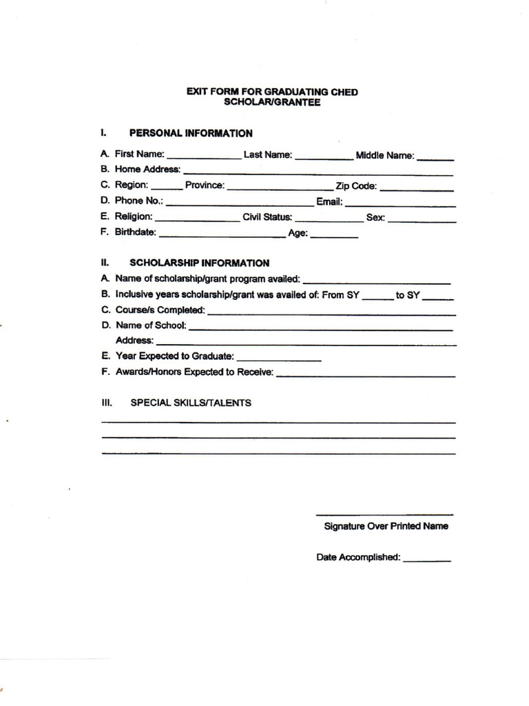 Exit Form For Graduating CHED Scholar | PDF