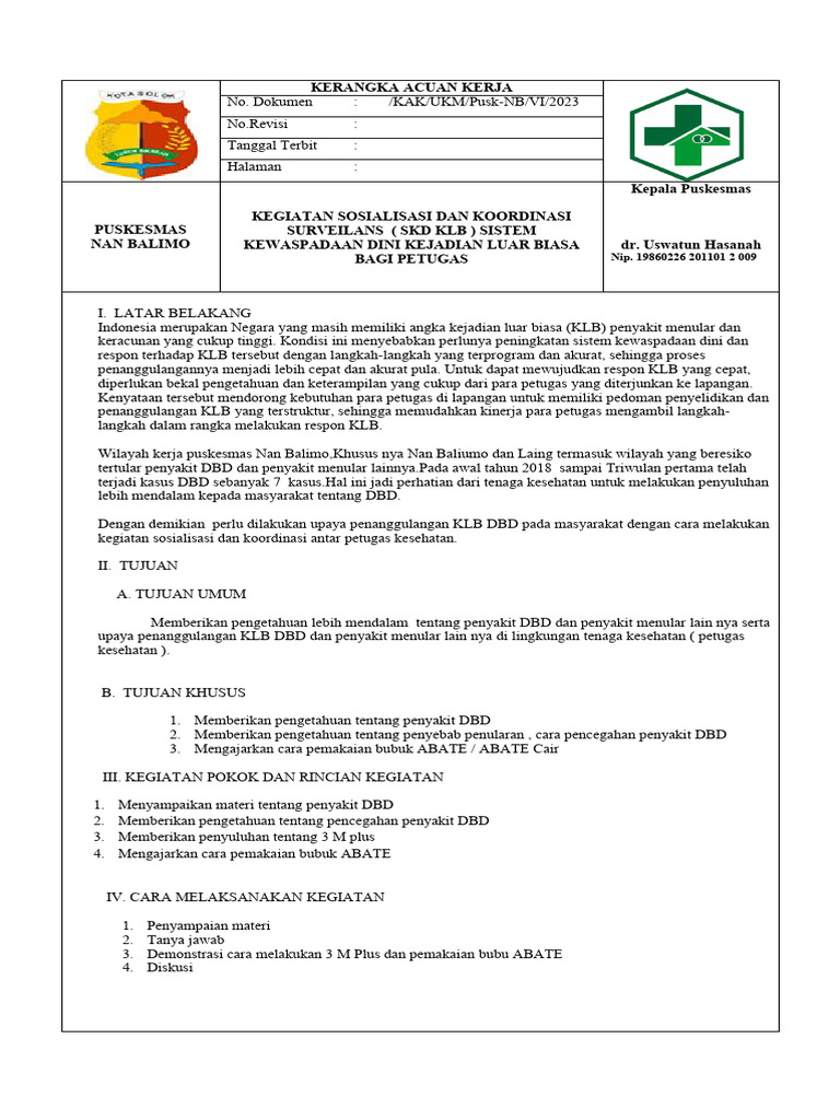 Kerangka Acuan Kerja. SKD KLB Petugas Kesehatan | PDF | Kesehatan Holistik | Sains & Matematika