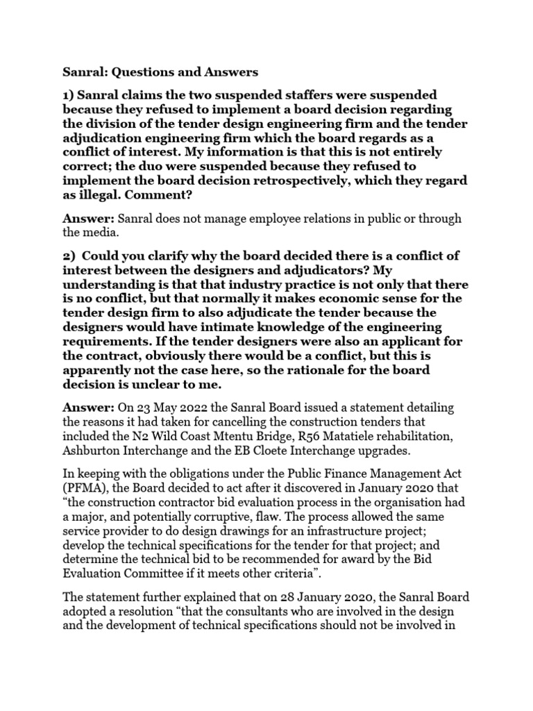 Sanral Board Decisions and Staff Issues | PDF | Conflict Of Interest ...