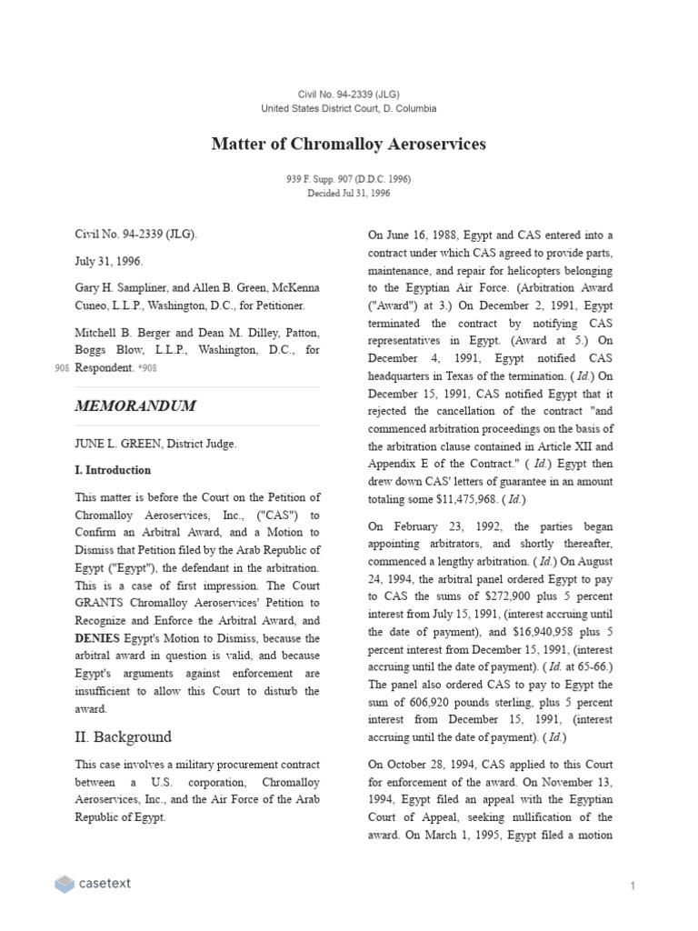 Case Chromalloy Aeroservices v. Arab Republic of Egypt, 939 F.supp. 907 (D.D.C. 1996) | PDF ...