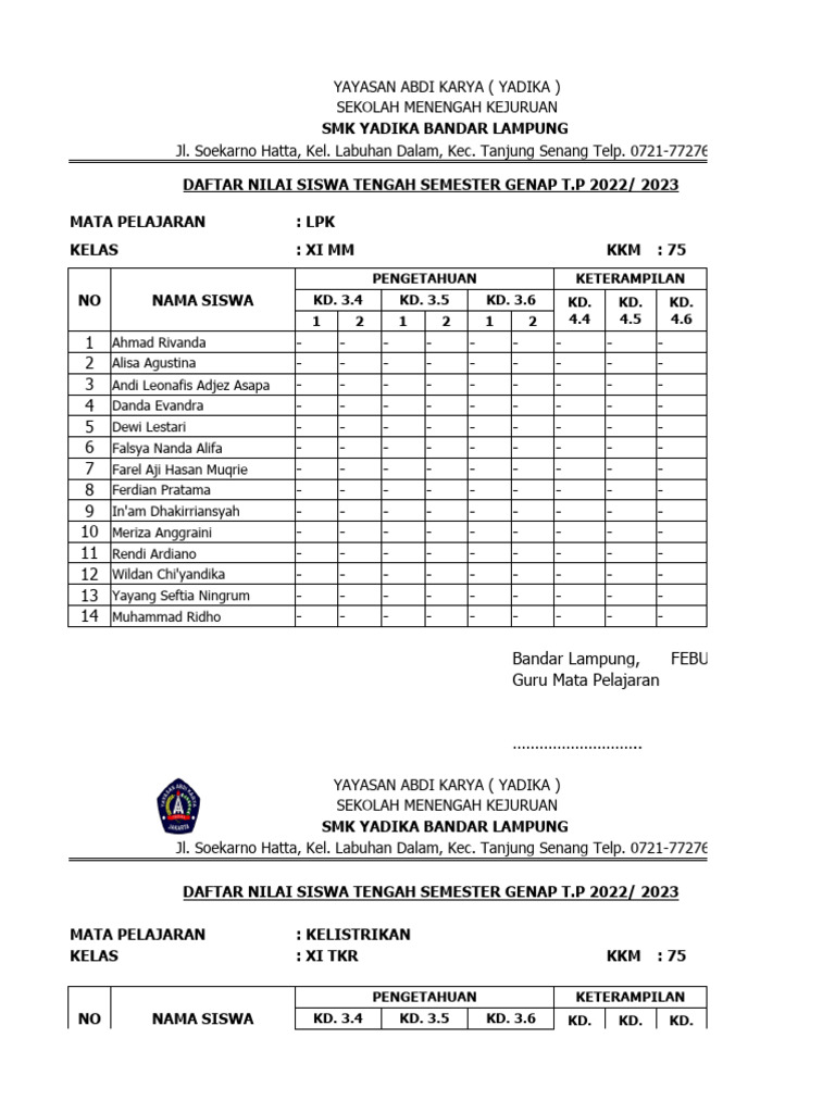 LPK Xi No Nilai Genap | PDF