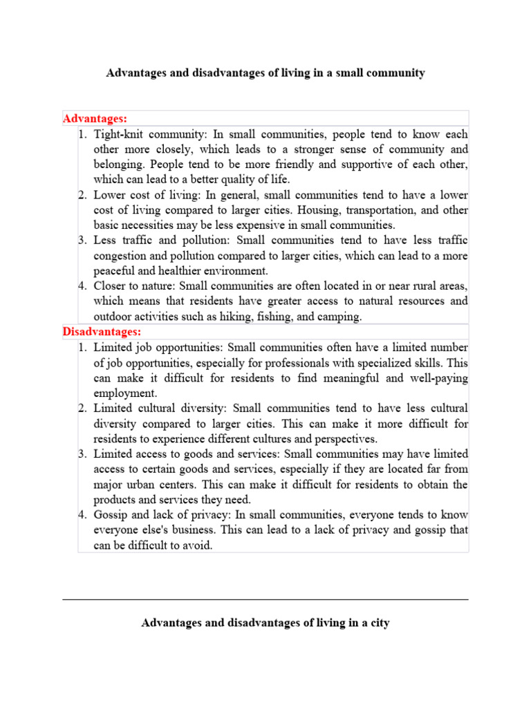 Advantages and Disadvantages of Living in A Small Community | PDF ...
