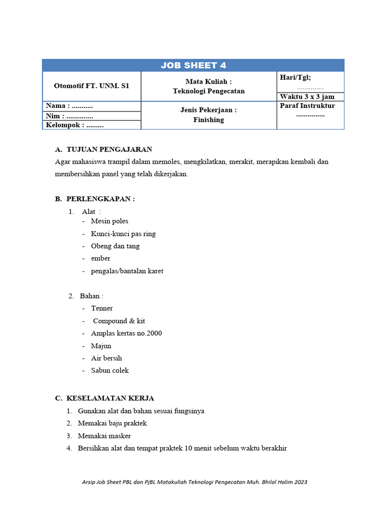 Job Sheet Teknologi Pengecatan S1 | PDF