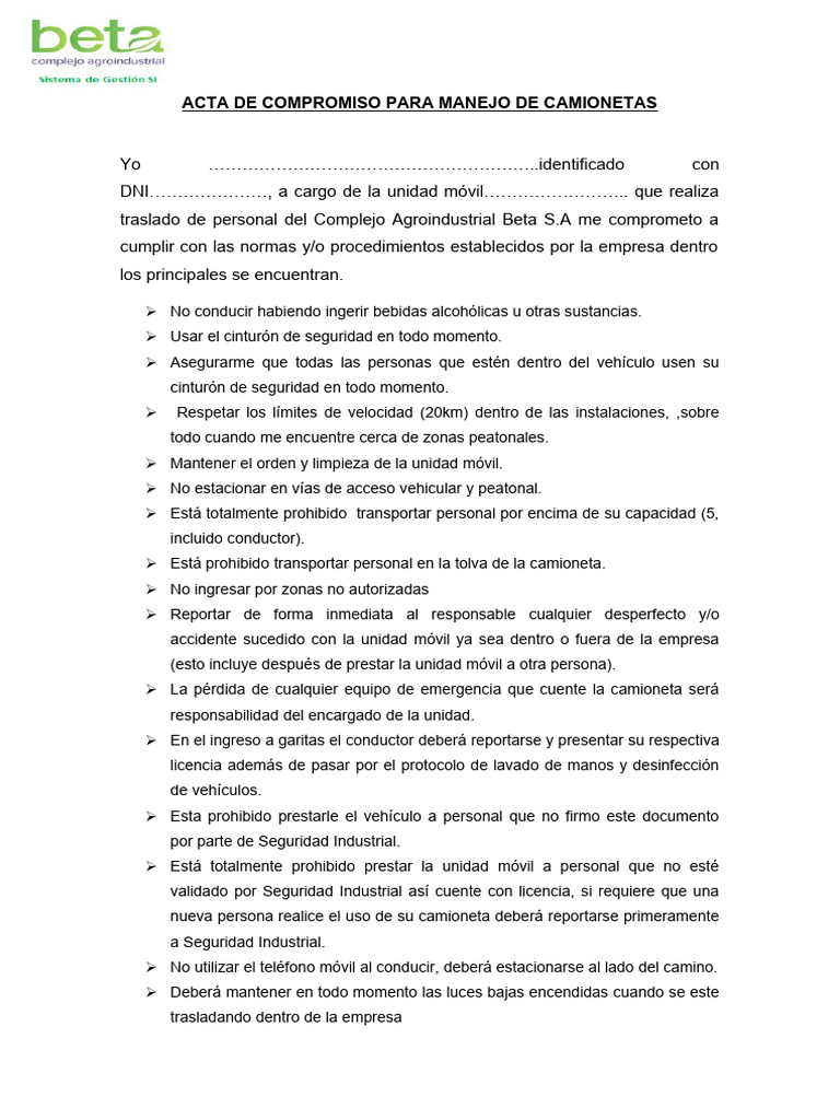 Acta de Compromiso para El Manejo de Camionetas | PDF