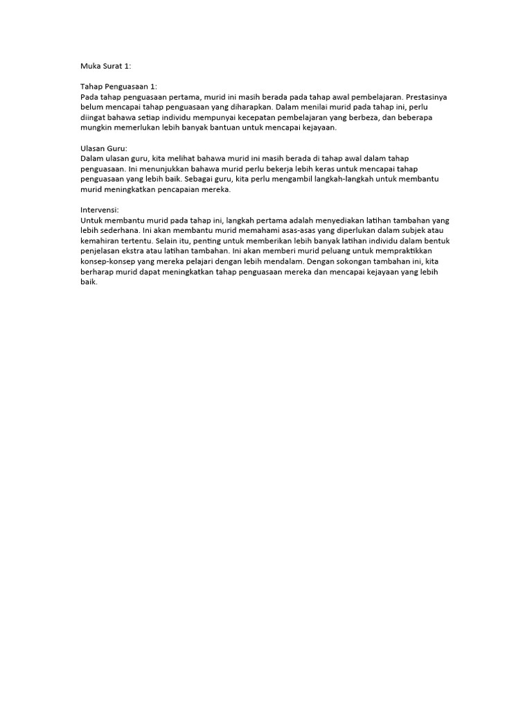 Contoh Ulasan dan Intervensi Tahap Penguasaan 1 | PDF