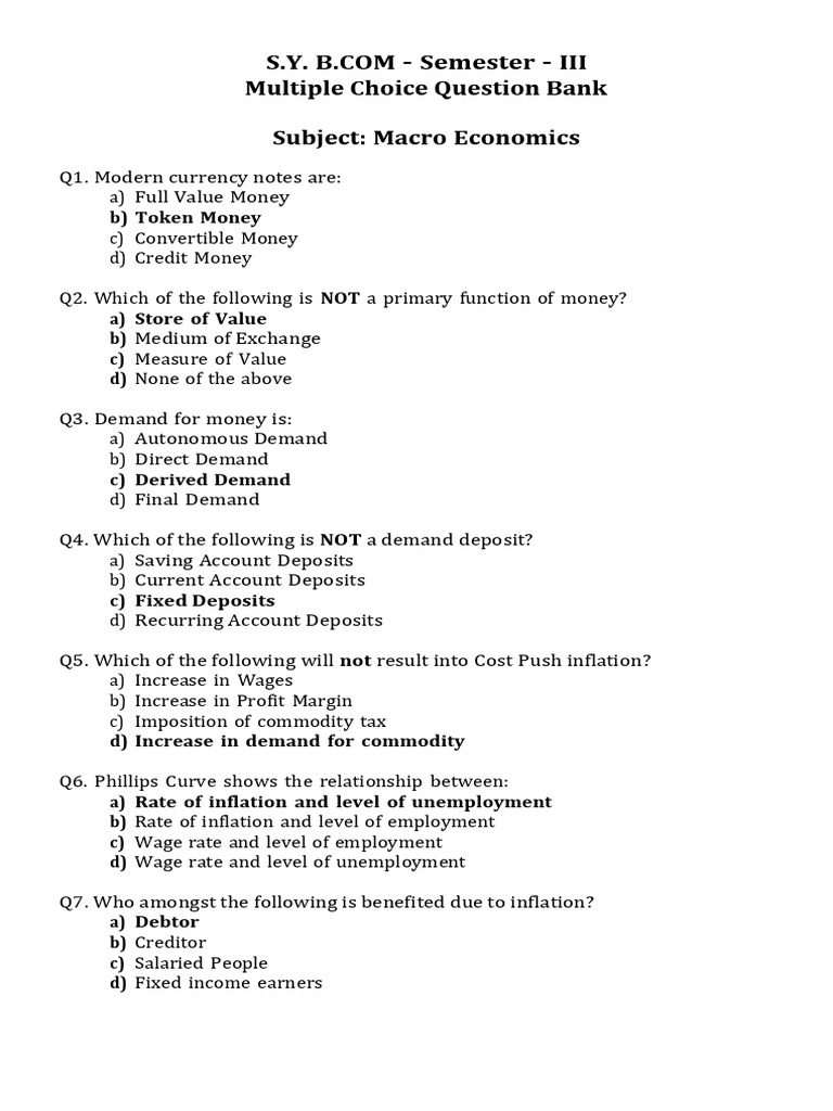 Macro Economics MCQ Question Bank | PDF | Inflation | Money