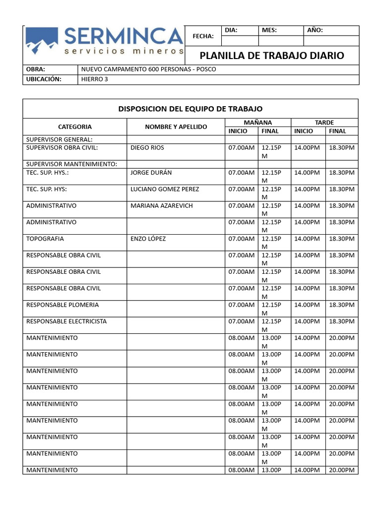 Planilla de Trabajo Diario Serminca Posco | PDF