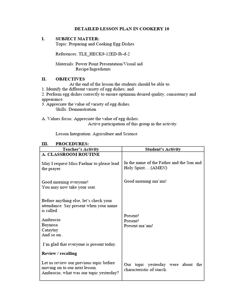 Detailed Lesson Plan in Cookery 10 | PDF | Egg As Food | Yolk