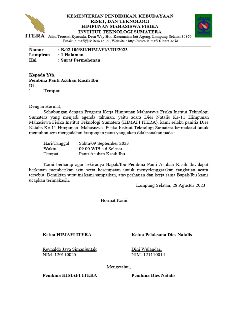 Izin Kunjungan Panti HIMAFI ITERA | PDF