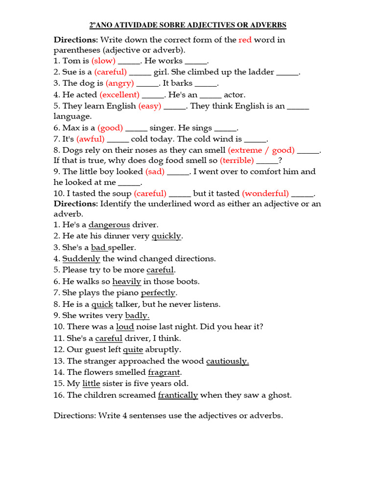 2ºano Atividade Sobre Adjectives or Adverbs | PDF | Language Arts & Discipline | Foreign ...