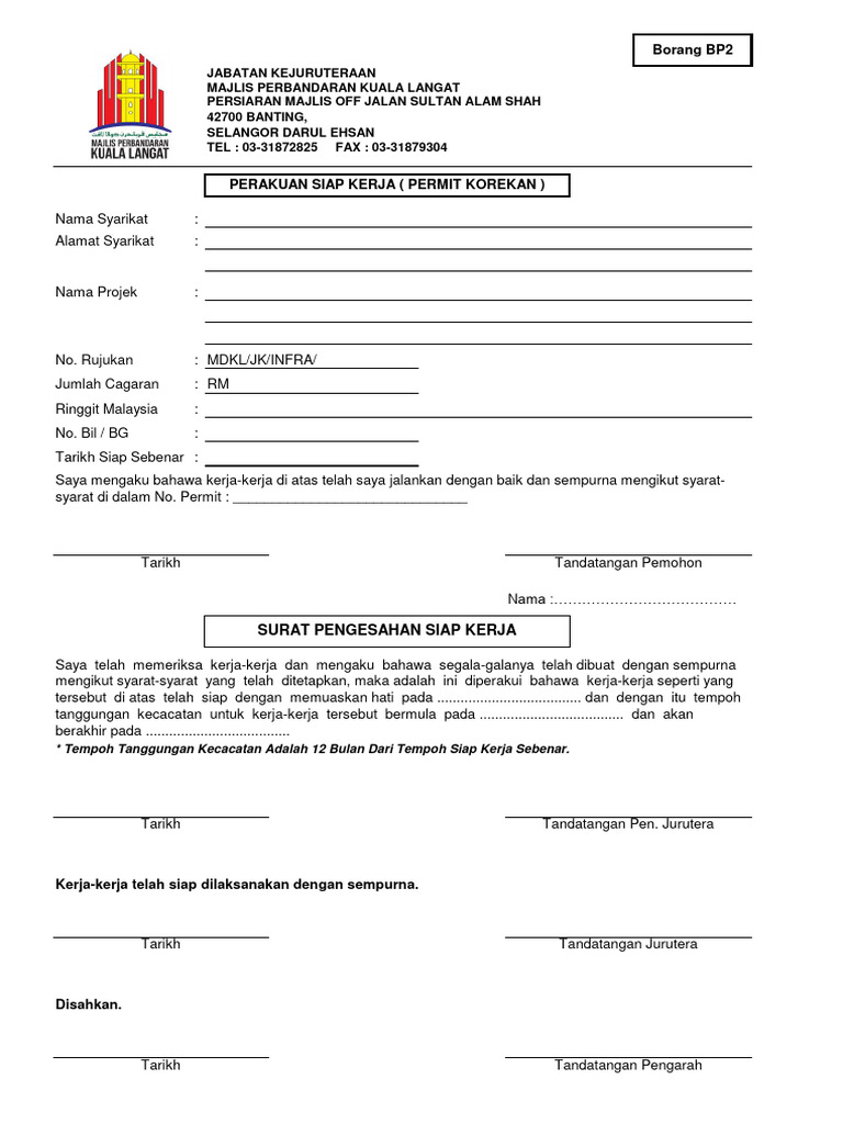 Permit Korek Jalan - Akuan Siap Keja - Borang Bp2-Pindaan 2020 0 | PDF