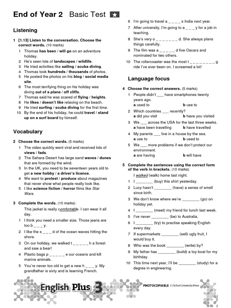 Year 2 Basic English Test Guide | PDF | Teachers | Vocabulary
