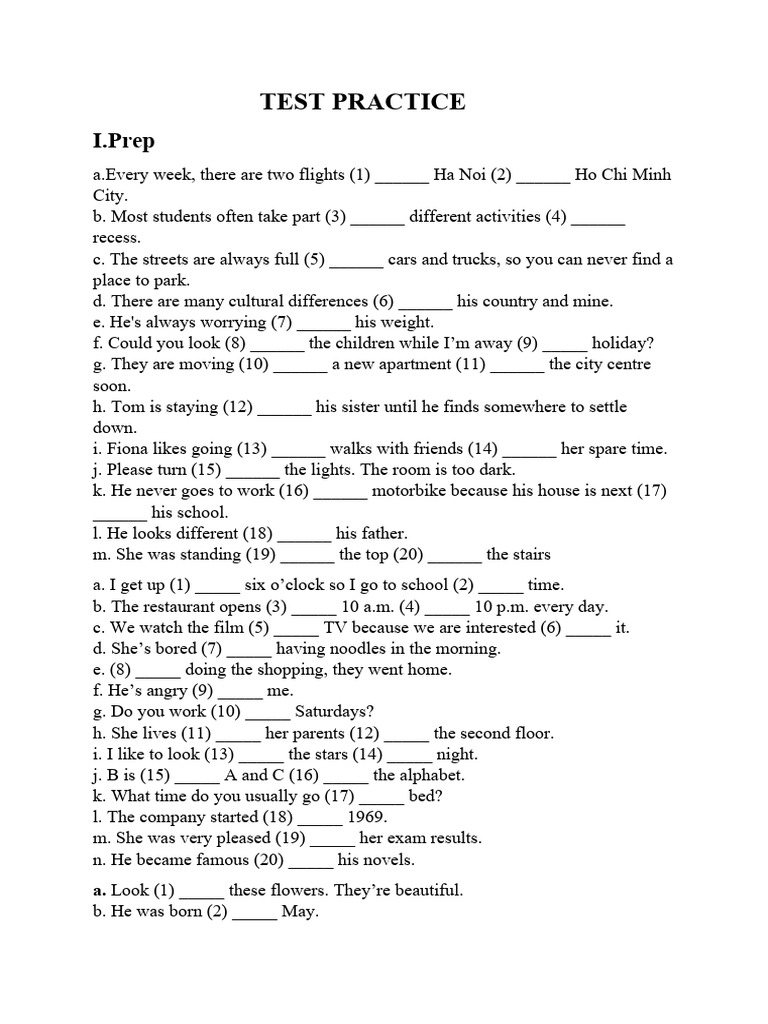 TEST PRACTICE (Prep, Verb Tense) | PDF