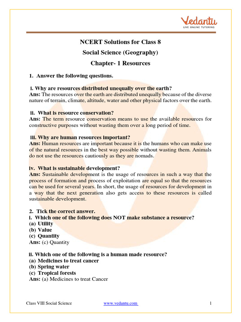 NCERT Solutions For Class 8 Social Chapter 1 - Resources - . | PDF