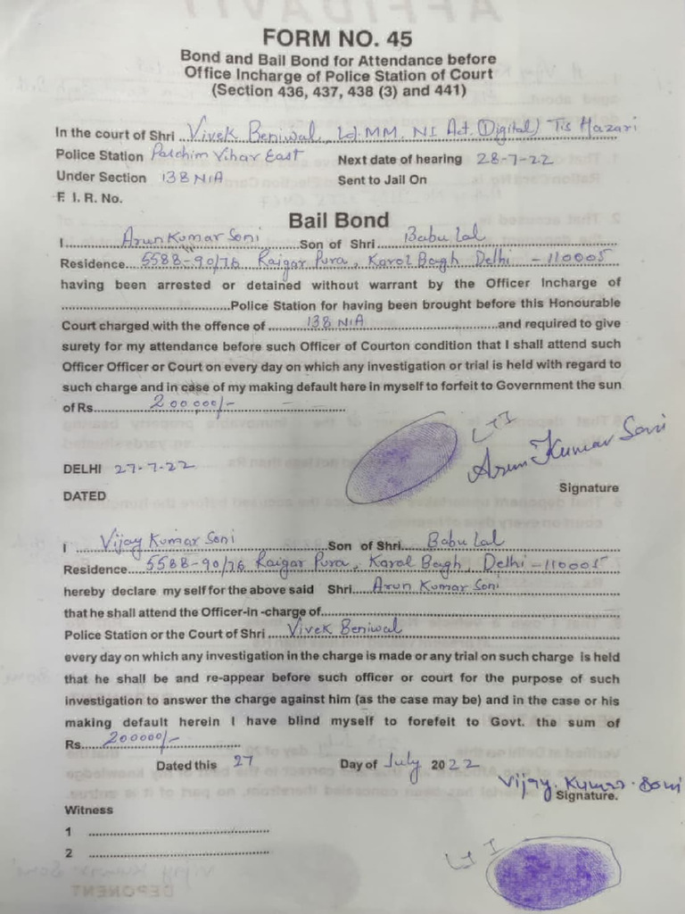 Bail Bond Form for Arun Kumar Soni | PDF | Bail | Imprisonment And ...