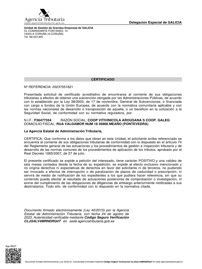 Certificado Aeat | PDF | Gobernancia | Gobierno