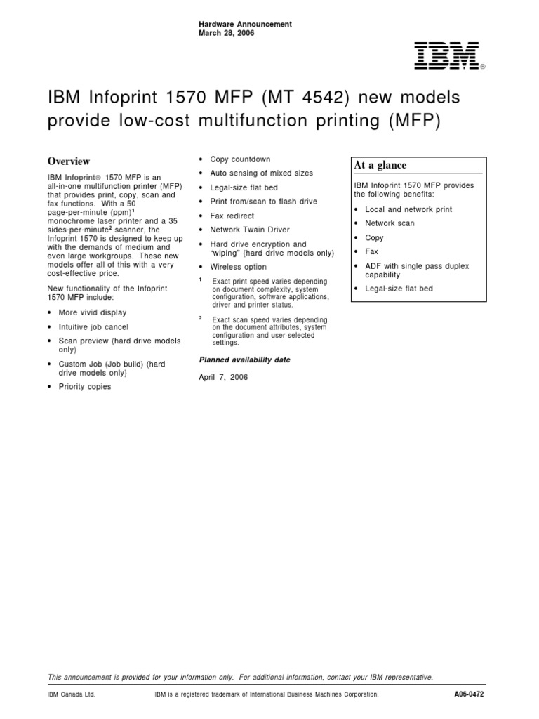 Ibm Infoprint 1570 Datasheet | PDF | Image Scanner | Computer Hardware