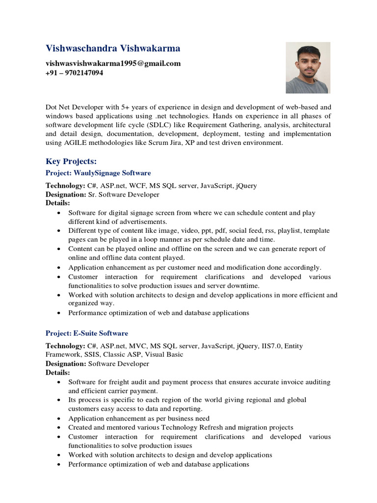 Dot Net Developer Resume - Vishwaschandra | PDF | Microsoft Sql Server ...