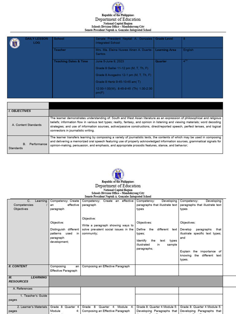 REVISED-DLL-Grade-8 Week 6 Q4 | PDF