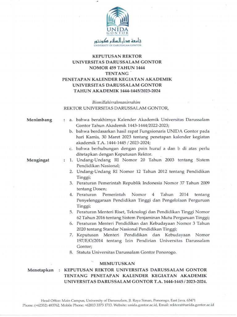 459 SK Penetapan Kalender Akademik 1444-1445 - 2023-2024 | PDF