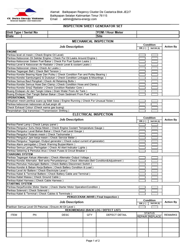 Generator Set Inspection Checklist | PDF | Electrical Equipment ...