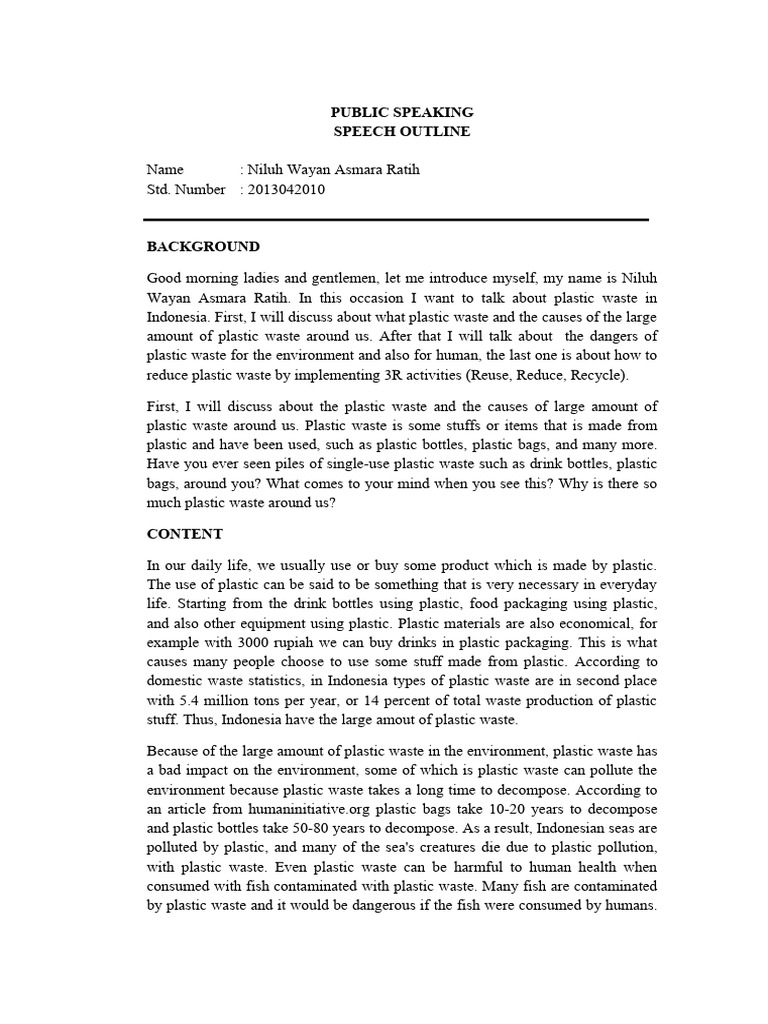 Outline Speech - Plastic Waste | PDF | Waste | Plastic