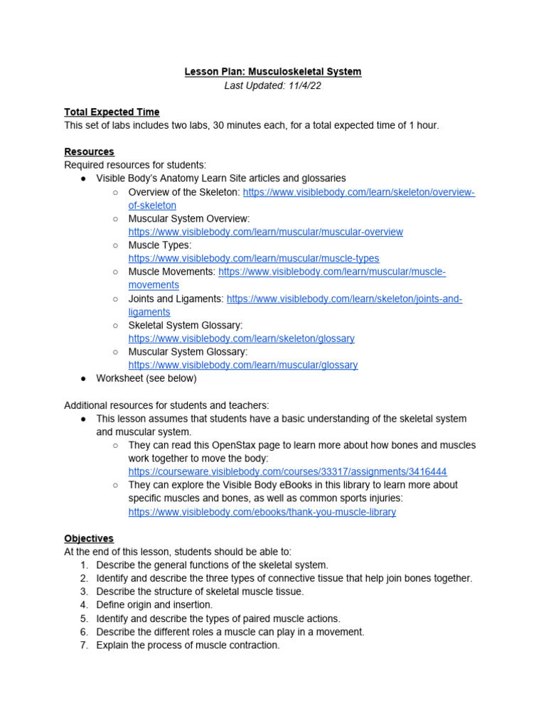 Bio Learn Lesson Plan Musculoskeletal System | PDF | Human ...