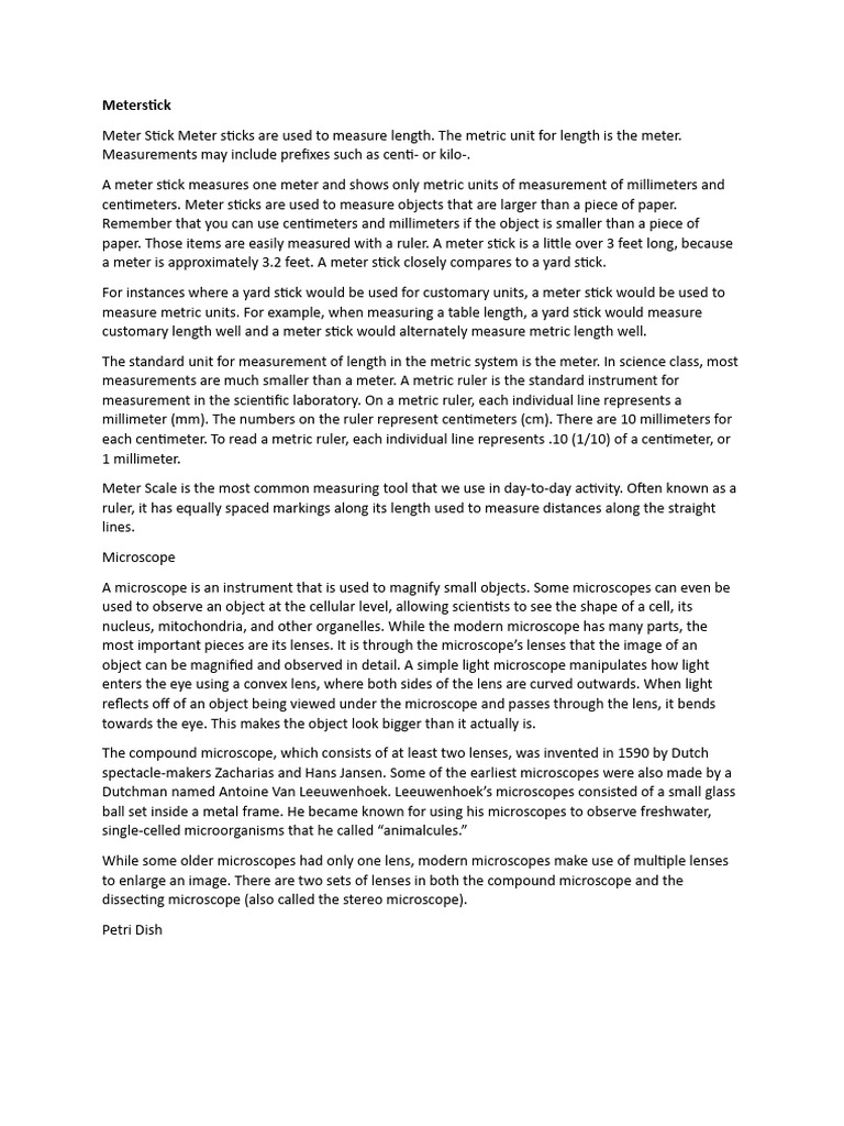 Bio-Meter Stick, Microscope, Petri Dish | PDF | Optics | Metrology