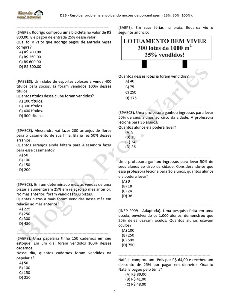 D26 (5º ANO - Mat.) - Blog Do Prof. Warles | PDF | Percentagem