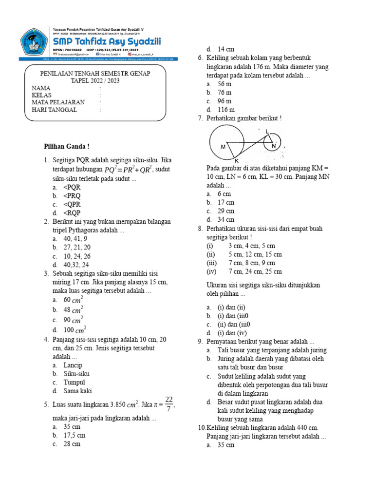 PTS MTK 2 Kelas 8 SMP | PDF