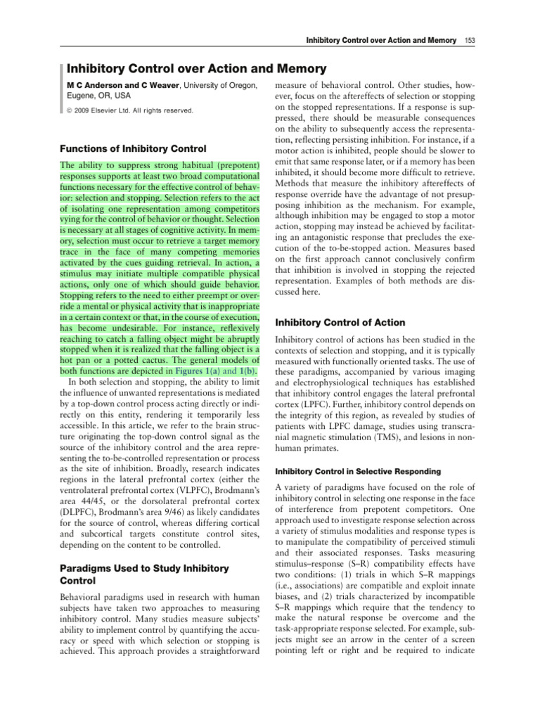 Inhibitory Control Over Action and Memory | PDF | Recall (Memory) | Memory