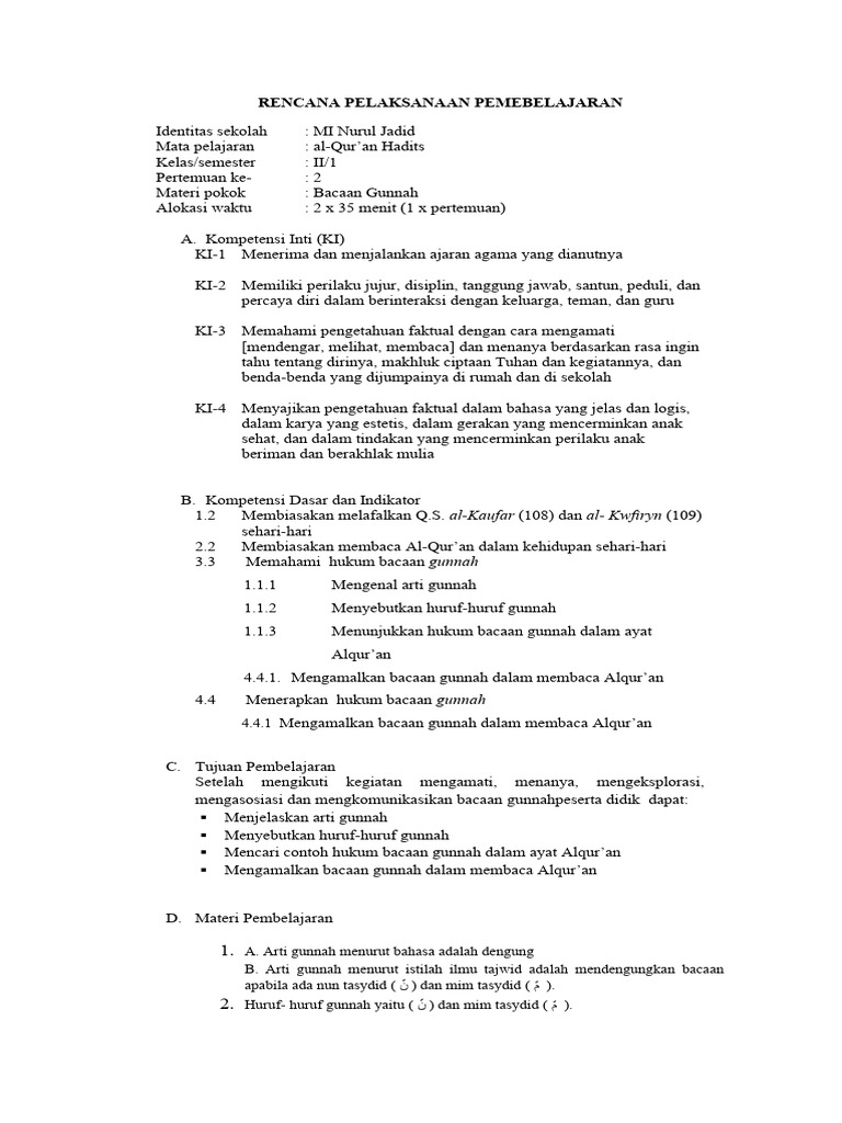 RPP QH 2.2 Hukum Bacaan Ghunnah | PDF